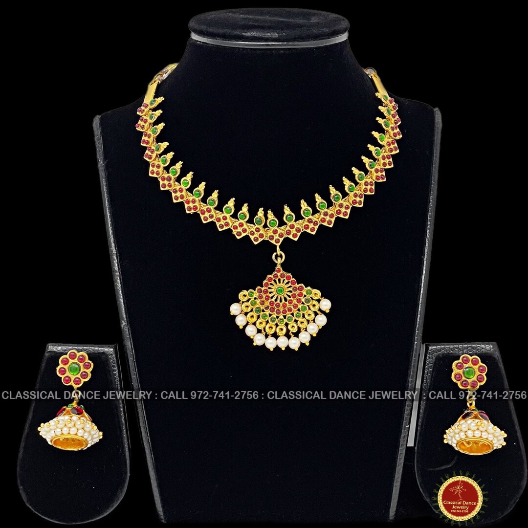 Traditional Kempu Chain Necklace Haram Pearls Temple Indian Jewelry ...