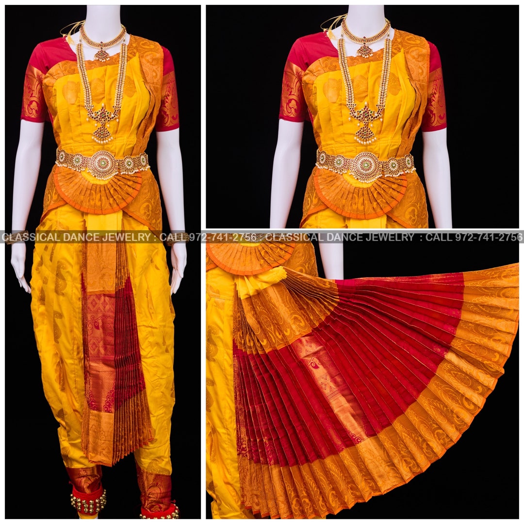 YELLOW MUSTARD MAROON 40 Inch Pant Length Bharatanatyam Gold Zari Dance ...
