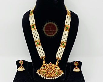 Long Pearl Haram Indian Jewelry 3 Lines-padakam | Etsy