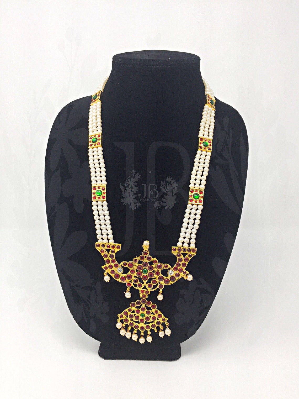 3 Lines Long Pearl Haram Indian Jewelry | Open Peacock | Bharatnatyam ...