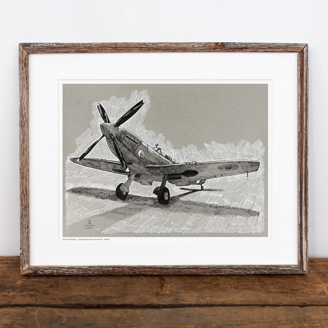 Pen Drawing of Wwii Supermarine Spitfire Airplane | Art Print for Home ...