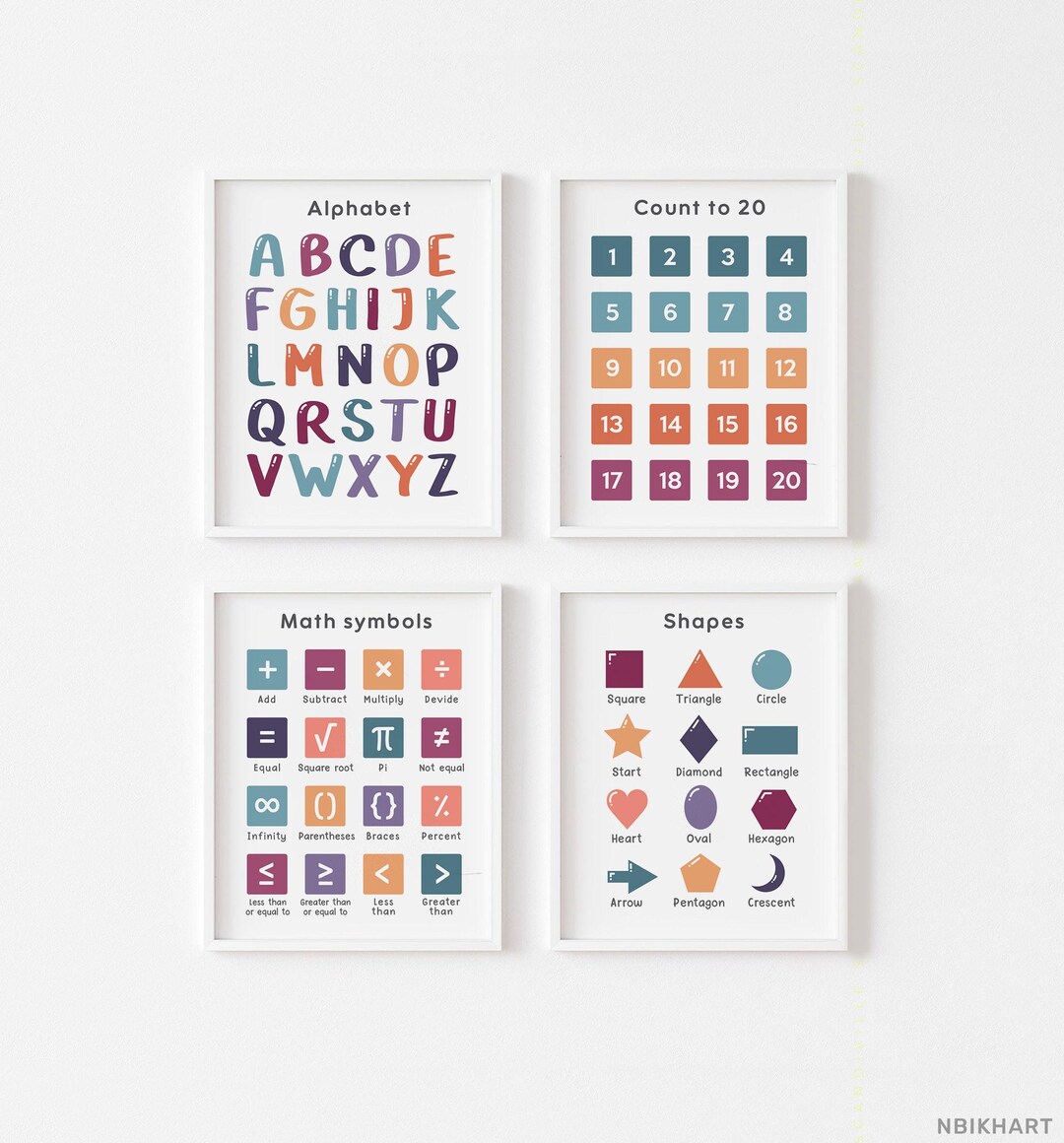 Set of 4 Educational Posters, Math Posters, Alphabet Poster, Count to ...