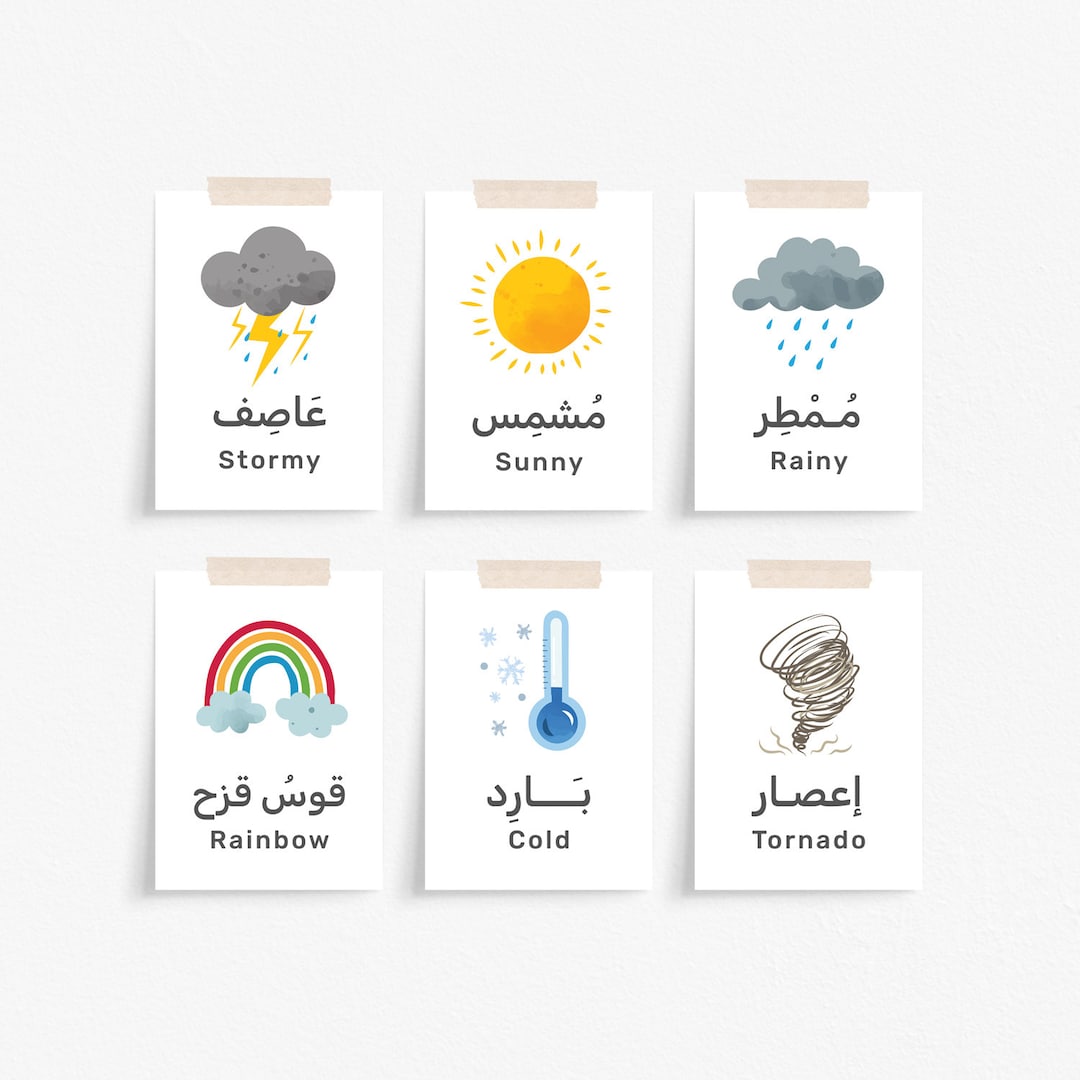 Weather Flashcard Set With Arabic Translation, Kids Learning Cards ...