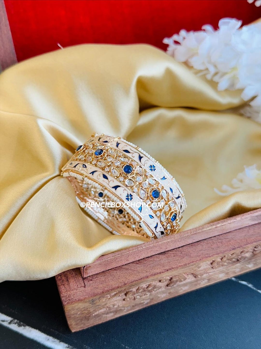 Blue Ivory Meenakari Tayani 22k Gold Plated Board Statement Kada Bangle ...