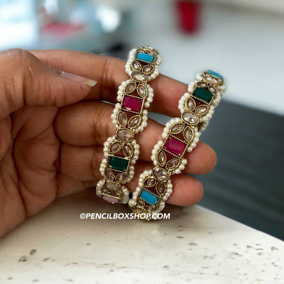 Polki Multicolor Stone Pearl Border Set of Bangles,indian Bangles,kadas,indian Wedding Bangle ...