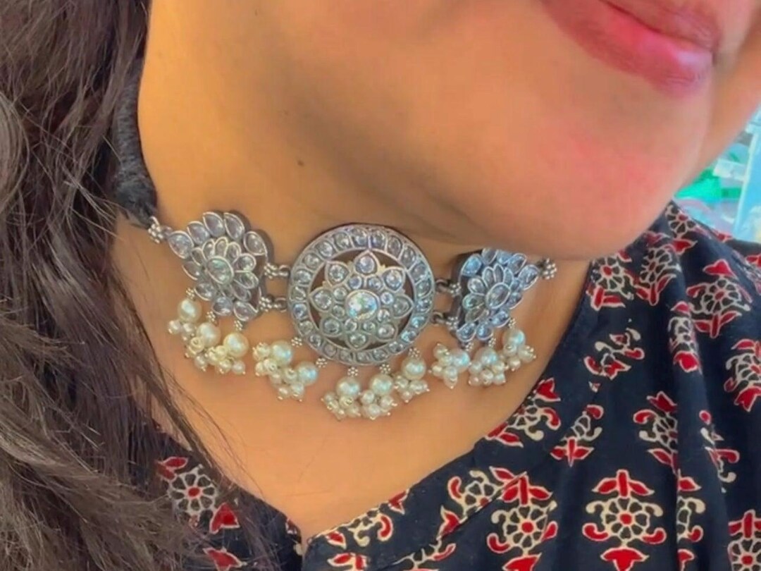 Indian Jewelry,aashi White German Silver Flower Stone Necklace Choker ...