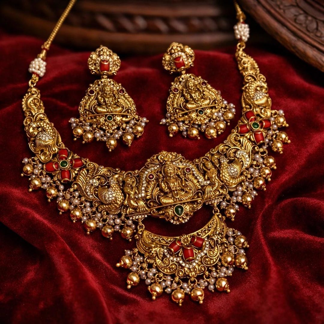 Lakshmi Ji Peacock Coral Ruby Green Golden Temple Necklace Set - Etsy
