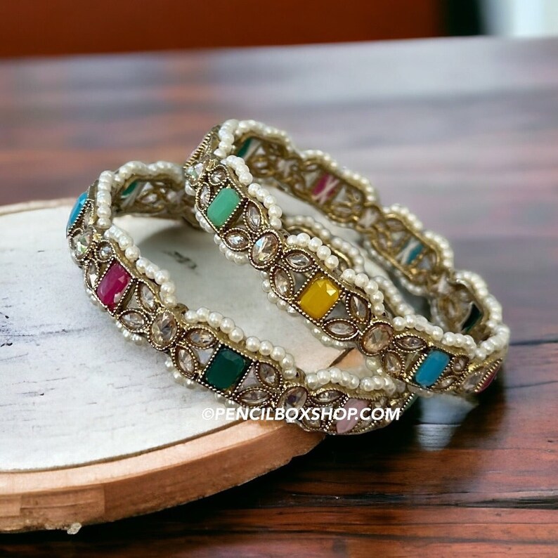 Polki Multicolor Stone Pearl Border Set of Bangles,indian Bangles,kadas,indian Wedding Bangle ...