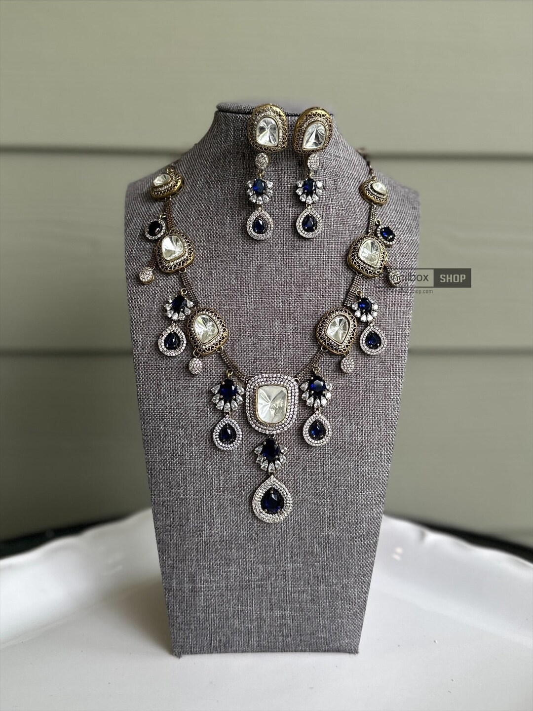 American Diamond Uncut Royal Blue Necklace Set - Etsy