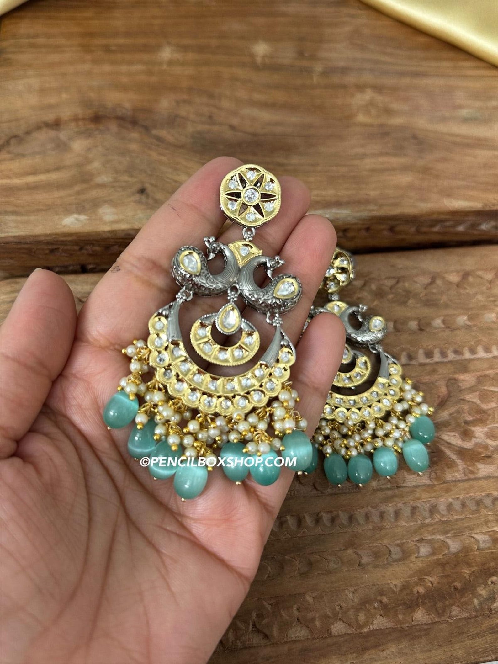 Tayani Kundan Gold Plated Peacock Mint Chandbali Earrings - Etsy