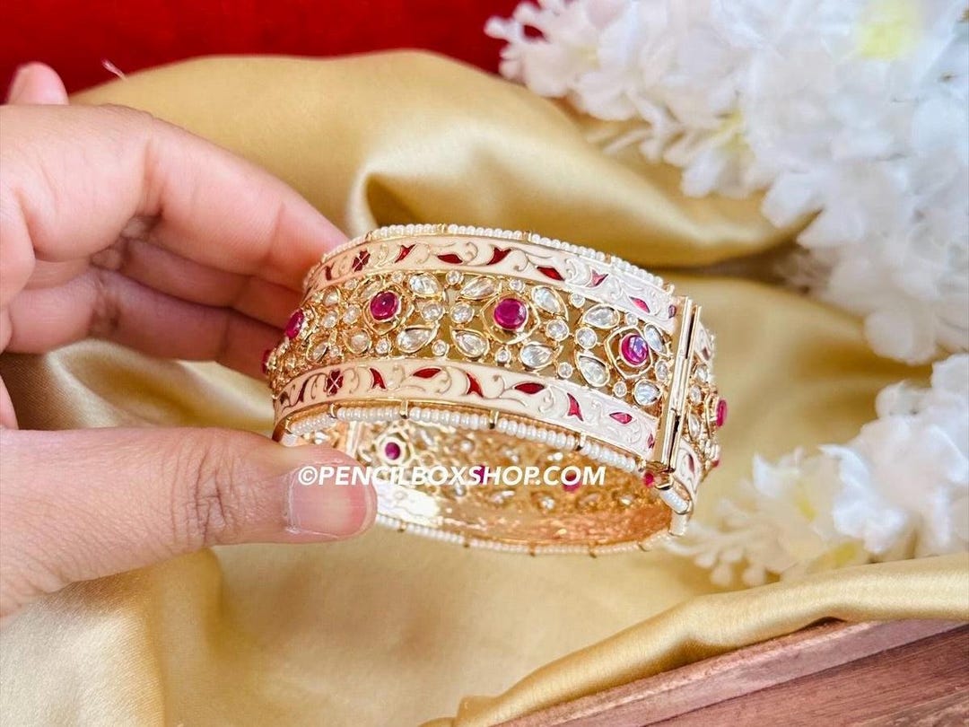Ruby Ivory Meenakari Tayani 22k Gold Plated Board Statement Kada Bangle ...