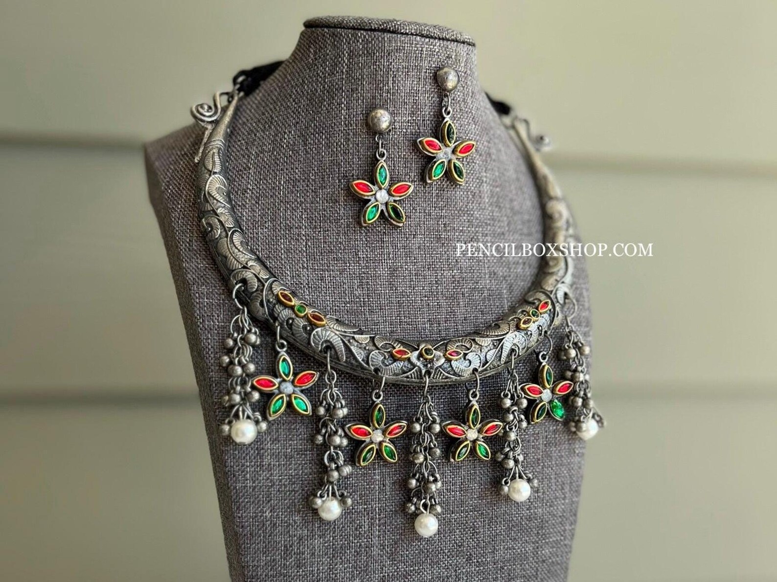 Afghani Ruby Green Black Metal Hasli Necklace Set,garba Jewelry,desi ...