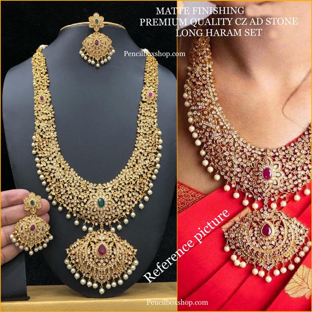 Temple Jewelry Set Kemp Stone Long Temple Necklace Set Indian ...