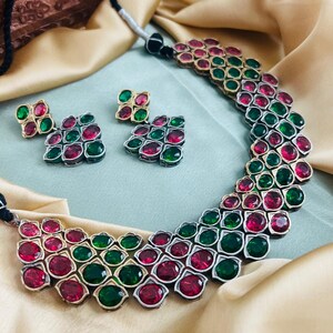 Ruby Green Designer Statement German Silver Necklace Set,indian Jewelry ...