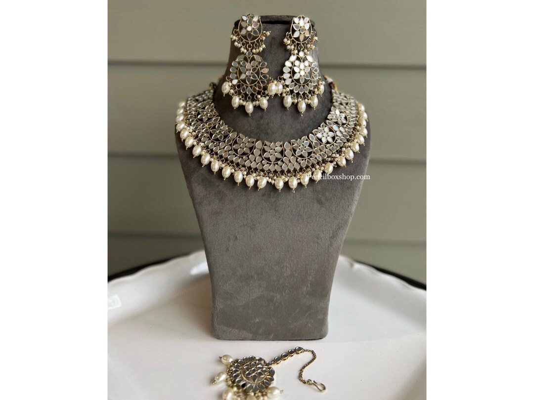 Simi Mirror Golden Drops Necklace Set , Indian Jewelery , Statement ...