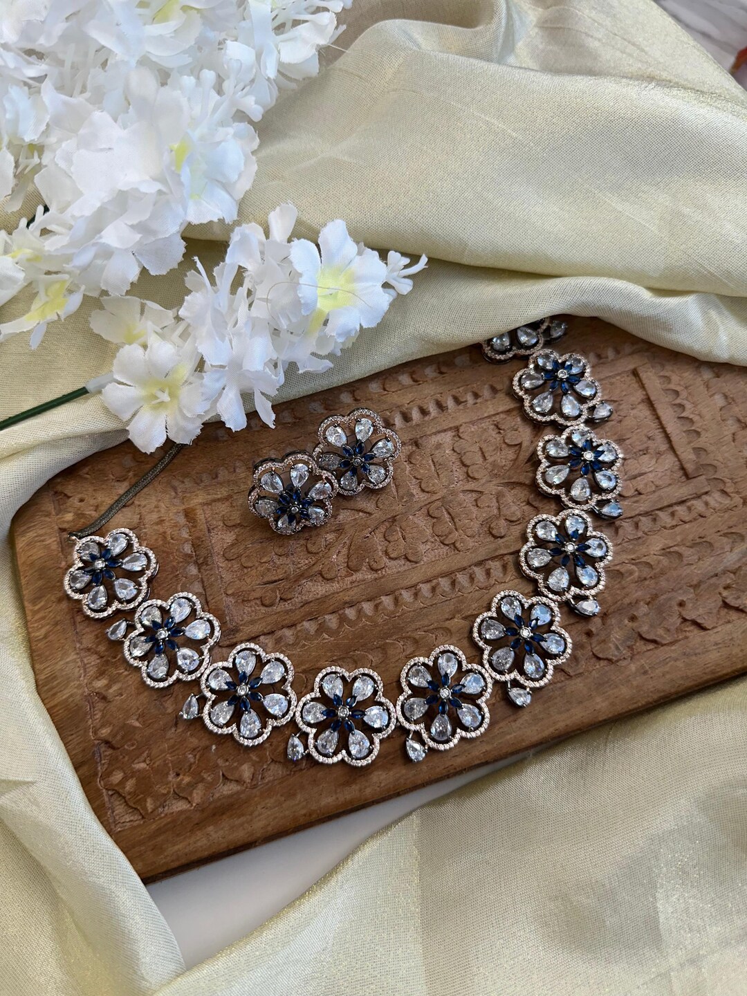 Anaya Flower Victorian Royal Blue American Diamond Necklace Set - Etsy