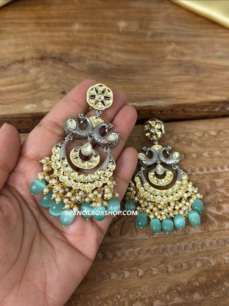 Tayani Kundan Gold Plated Peacock Mint Chandbali Earrings - Etsy