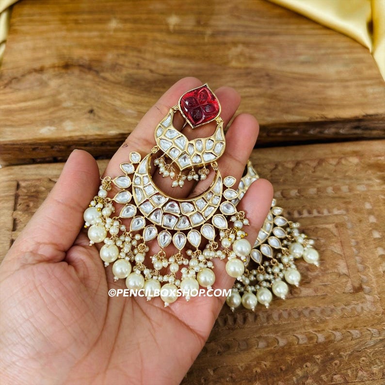 Tayani Kundan Gold Plated Carved Ruby Dangling Chandbali Earrings - Etsy