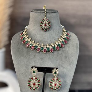 Jiya Golden Antique Ruby Green Kundan Polki Necklace Set With ...