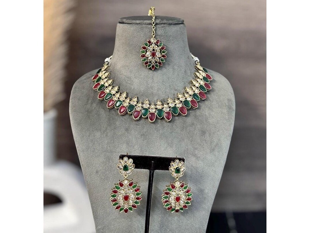Jiya Golden Antique Ruby Green Kundan Polki Necklace Set With ...