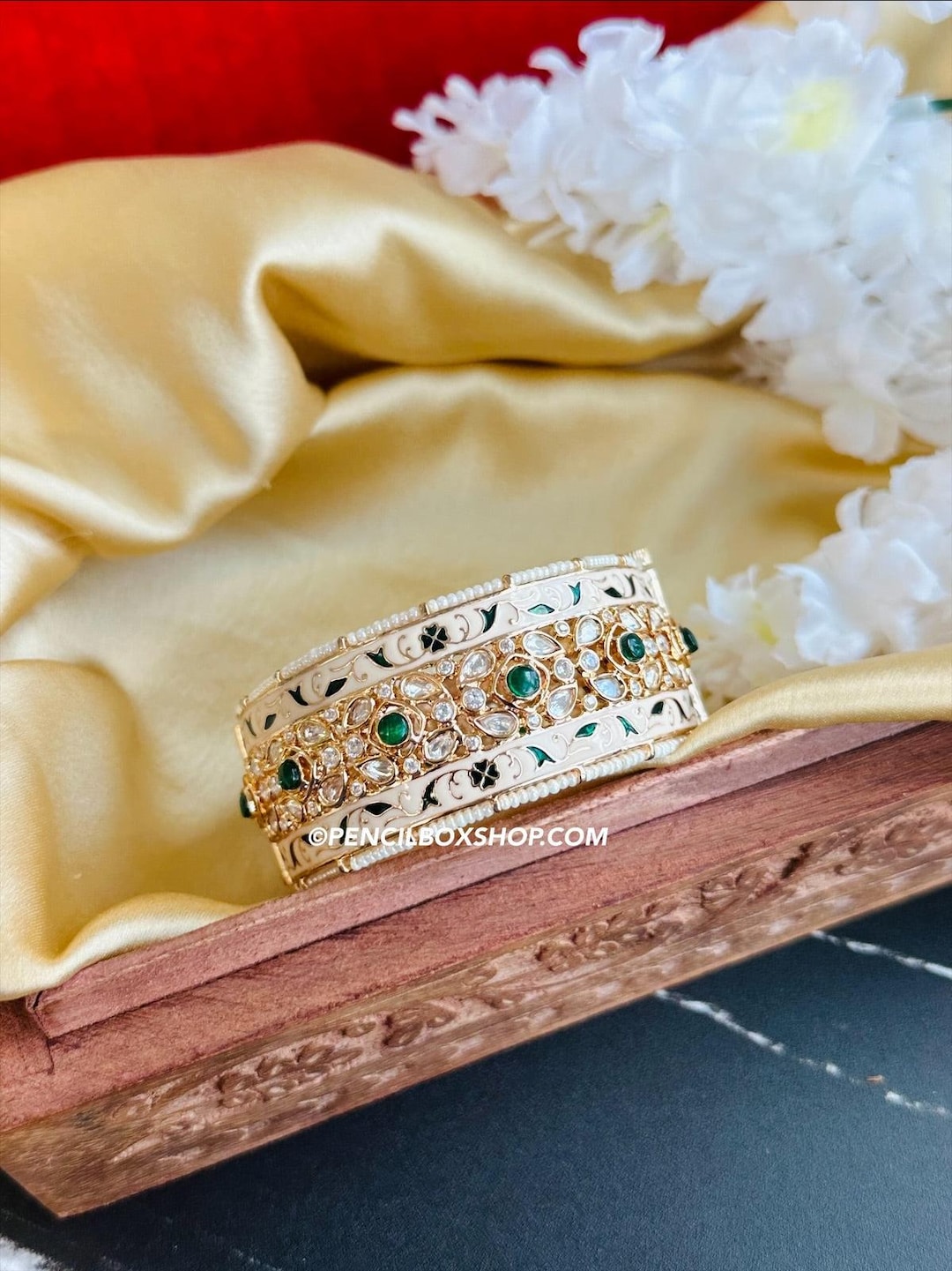 Green Ivory Meenakari Tayani 22k Gold Plated Board Statement Kada ...
