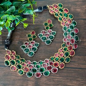 Ruby Green Designer Statement German Silver Necklace Set,indian Jewelry ...