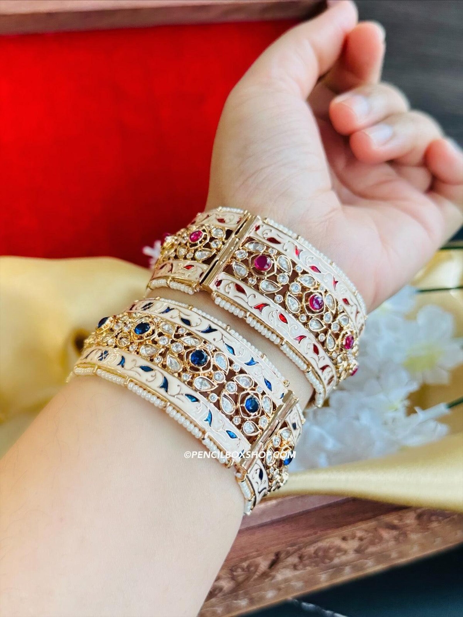 Ruby Ivory Meenakari Tayani 22k Gold Plated Board Statement Kada Bangle ...