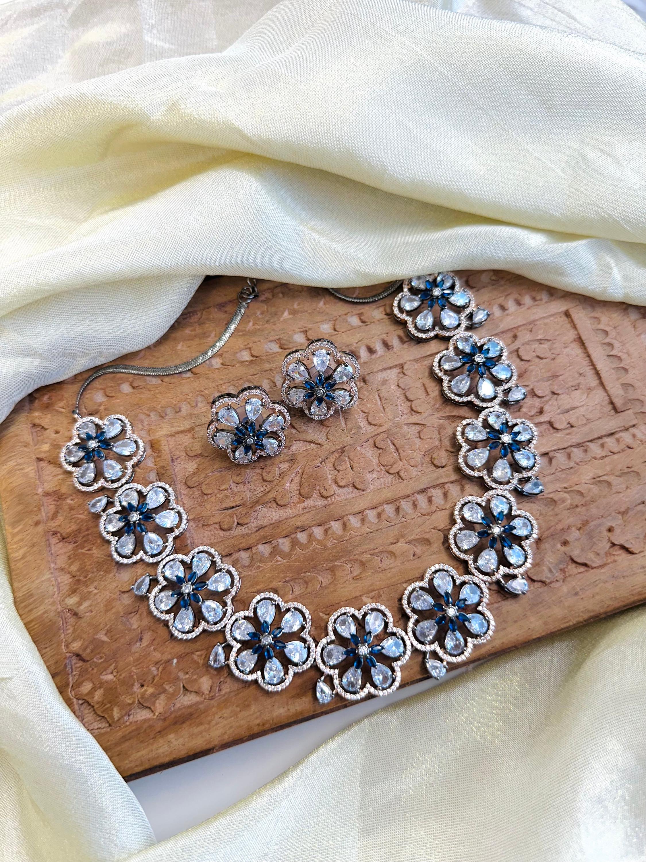 Anaya Flower Victorian Royal Blue American Diamond Necklace Set - Etsy