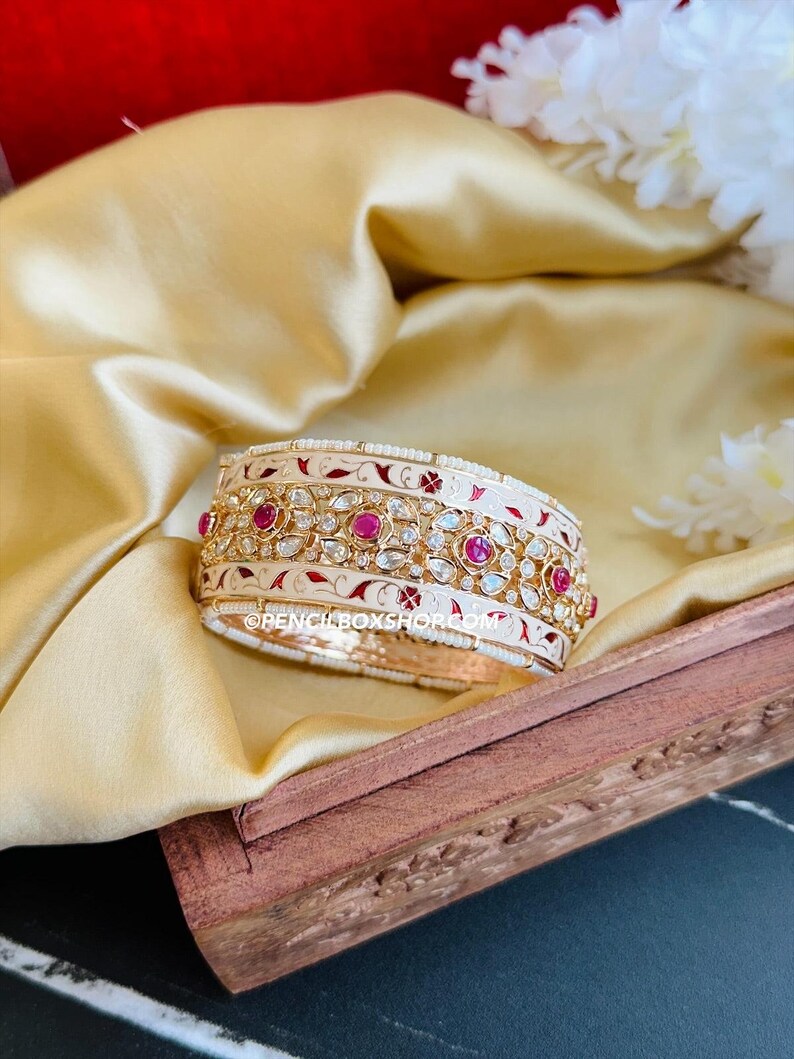 Ruby Ivory Meenakari Tayani 22k Gold Plated Board Statement Kada Bangle ...