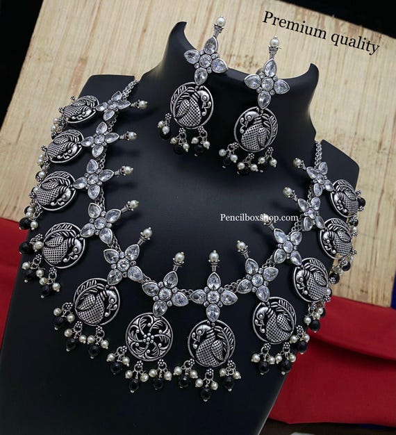 Navratri Jewellery indian Garba Jewellery german Silver Hanging Beads Pearl Statement Peacock Stone Necklace Set oxidised Jewelry Set Etsy