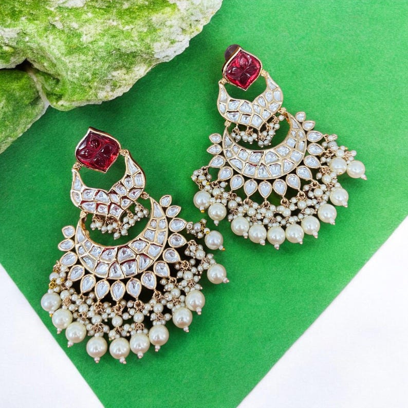 Tayani Kundan Gold Plated Carved Ruby Dangling Chandbali Earrings - Etsy
