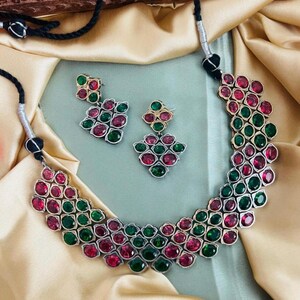 Ruby Green Designer Statement German Silver Necklace Set,indian Jewelry ...