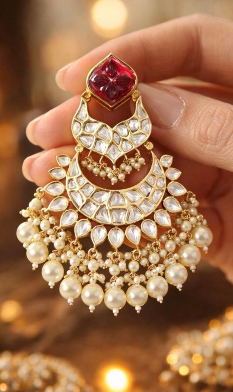 Tayani Kundan Gold Plated Carved Ruby Dangling Chandbali Earrings - Etsy