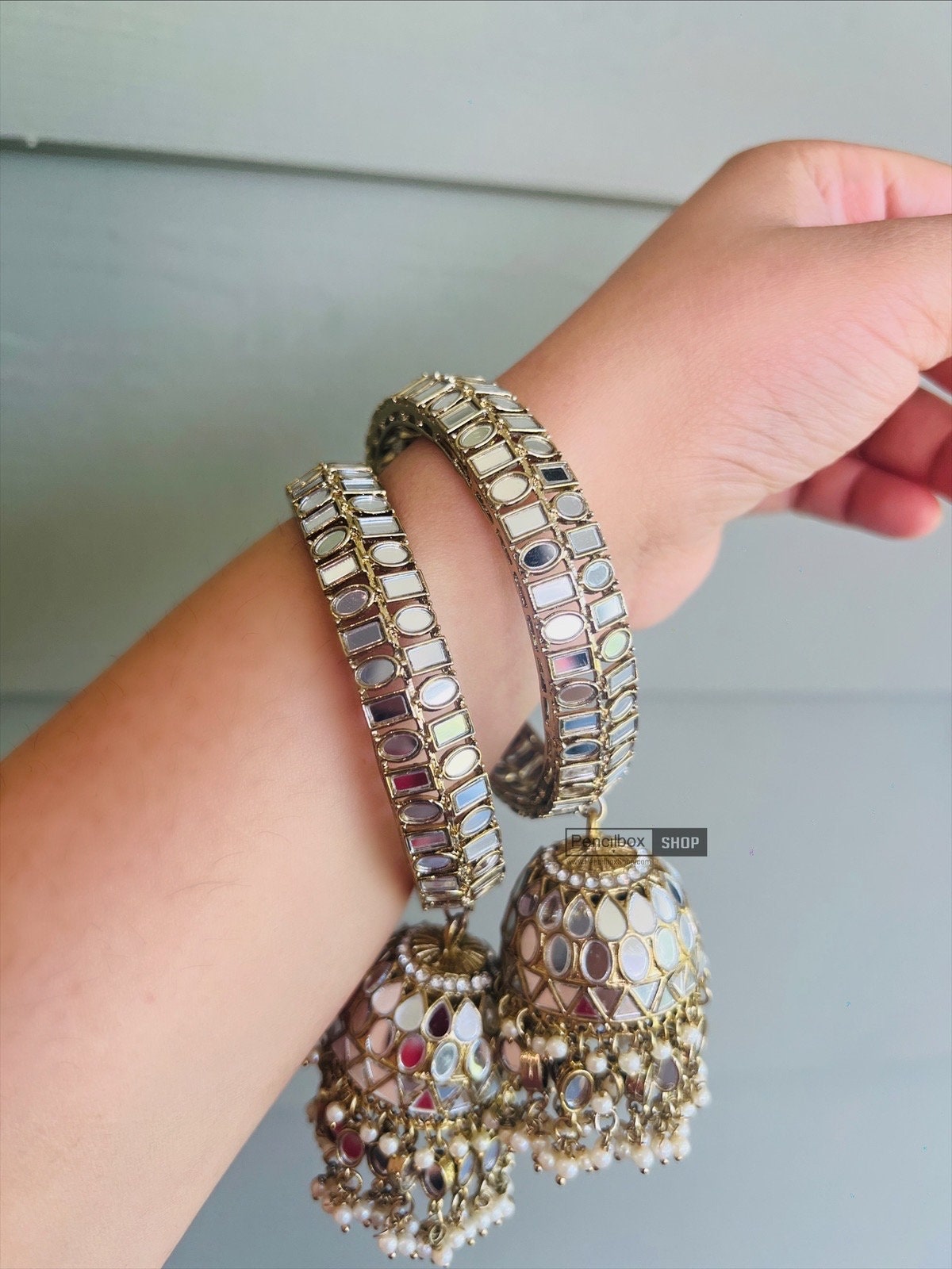 Antique Gold Mirror Pearl Jhumka Bangles Set(2 Pc)/indian Bangles ...