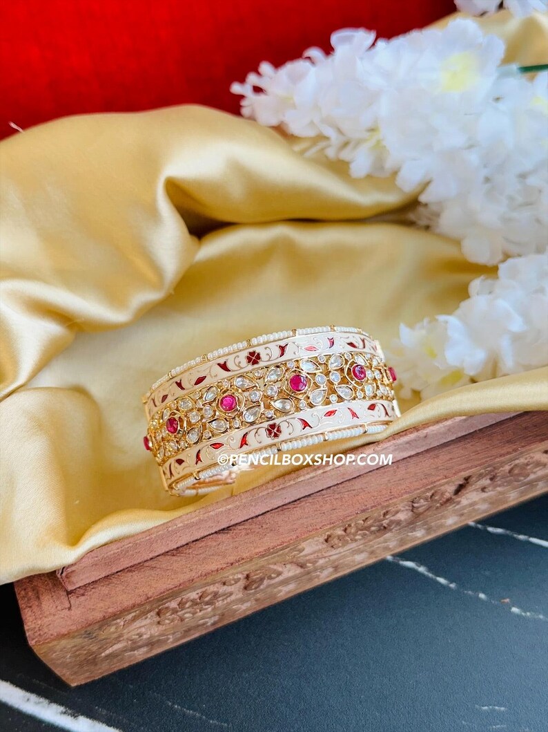 Ruby Ivory Meenakari Tayani 22k Gold Plated Board Statement Kada Bangle ...