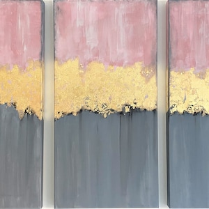 Acrylbild Triptychon mit Blattgold Leinwand rosa grau XXL Acrylbilder acrylmalerei abstrakt ...