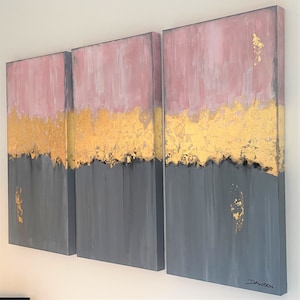 Acrylbild Triptychon mit Blattgold Leinwand rosa grau XXL Acrylbilder acrylmalerei abstrakt ...
