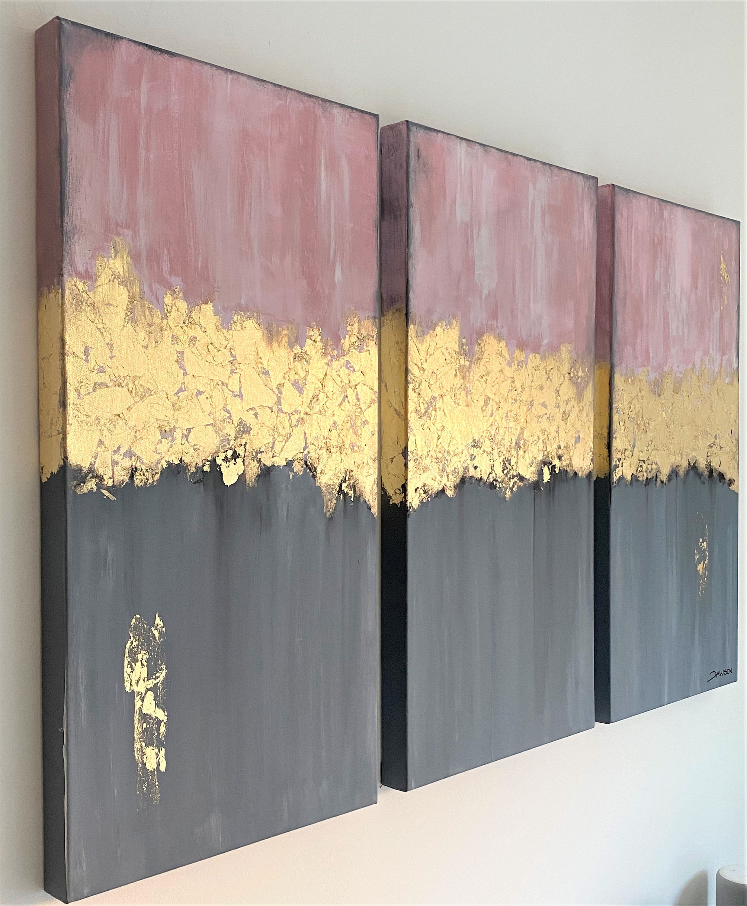 Acrylbild Triptychon mit Blattgold Leinwand rosa grau XXL Acrylbilder acrylmalerei abstrakt ...