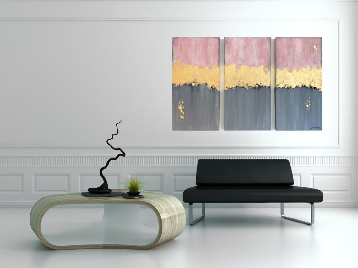 Acrylbild Triptychon mit Blattgold Leinwand rosa grau XXL Acrylbilder acrylmalerei abstrakt ...