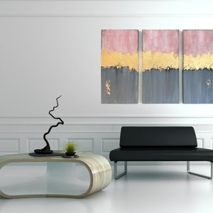 Acrylbild Triptychon mit Blattgold Leinwand rosa grau XXL Acrylbilder acrylmalerei abstrakt ...