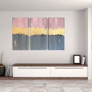 Acrylbild Triptychon mit Blattgold Leinwand rosa grau XXL Acrylbilder acrylmalerei abstrakt ...