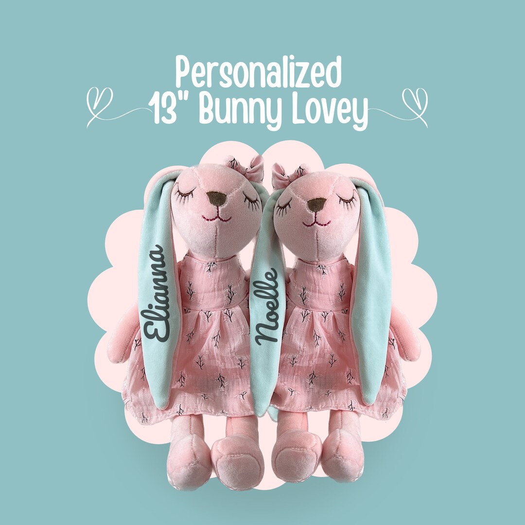 Personalized Pink Bunny 13" Baby Lovey, Stuffed Animal Gift, Custom ...