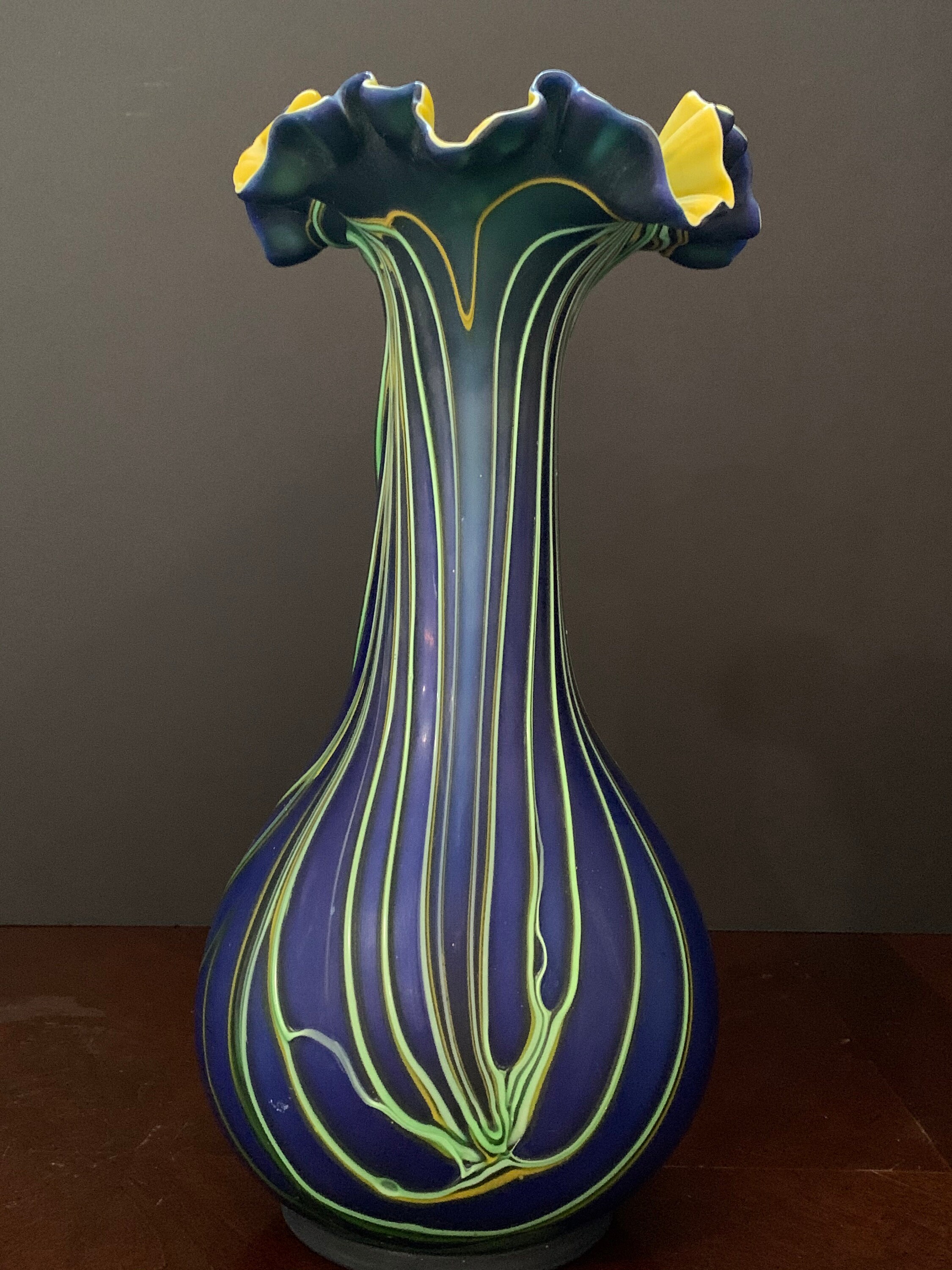Exquisite Tall Blue Vase With Yellow Frilled Edge 13.5 - Etsy
