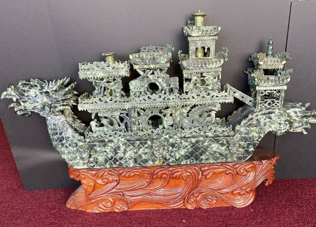 Huge, Ornately Carved Green Jade Chinese Dragon Boat With Wood Stand 49 ...