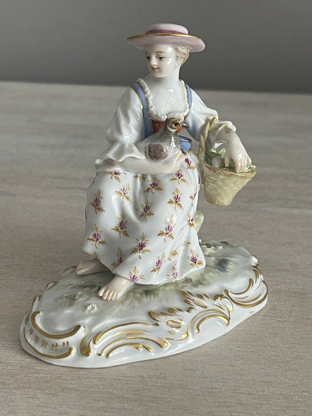 Antique Meissen Porcelain Woman With Hen and Basket of Eggs Figurine 3. ...
