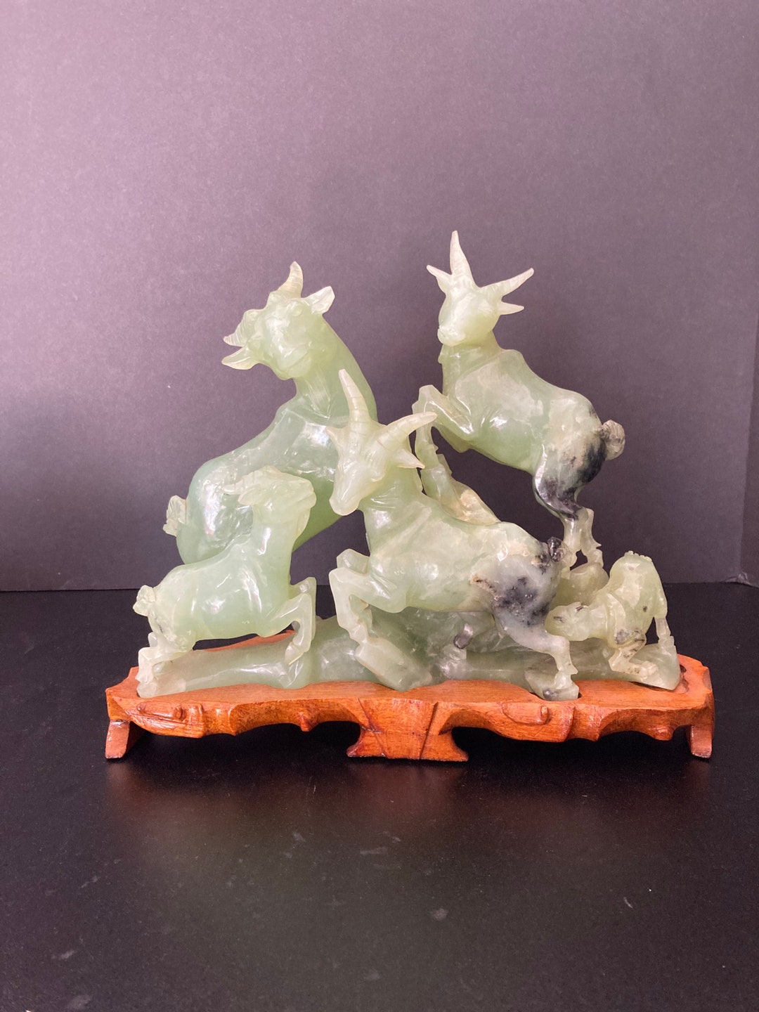 Exquisite Vintage Jade Carved Sculpture of Goats With Wood Stand 11 - Etsy