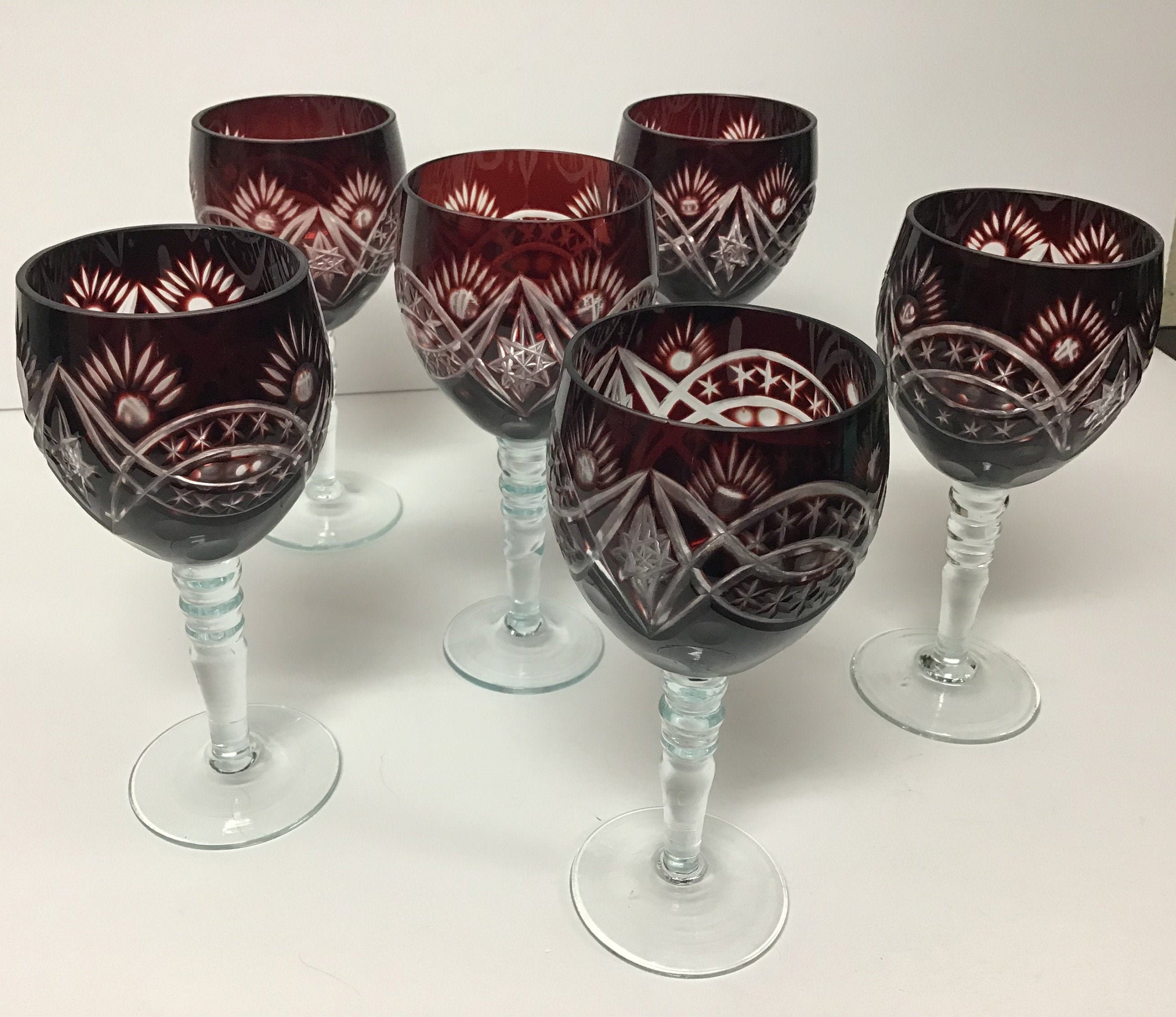 Set of Six Ruby Red Cut to Clear Wine Glasses | Etsy