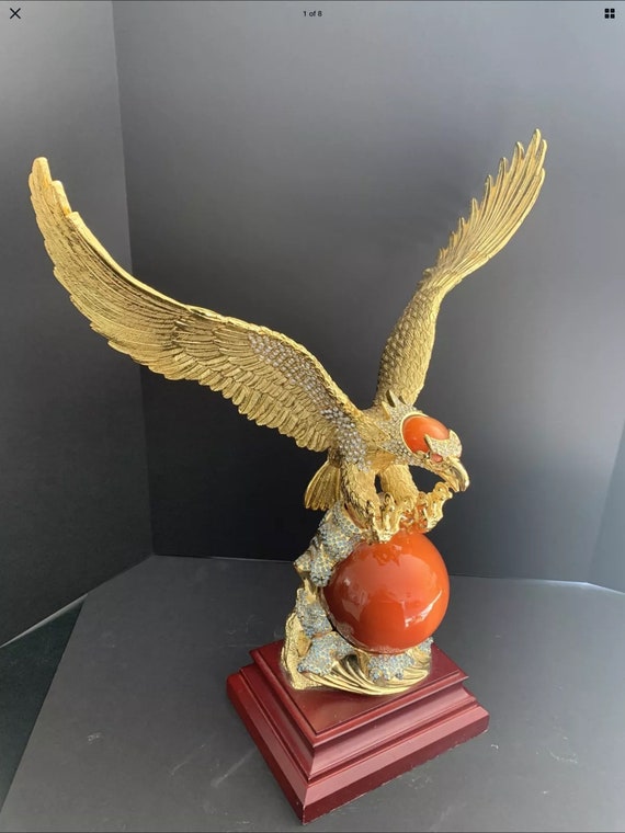 Majestic Golden Jeweled Metal Eagle With Stone Orb on Wood | Etsy