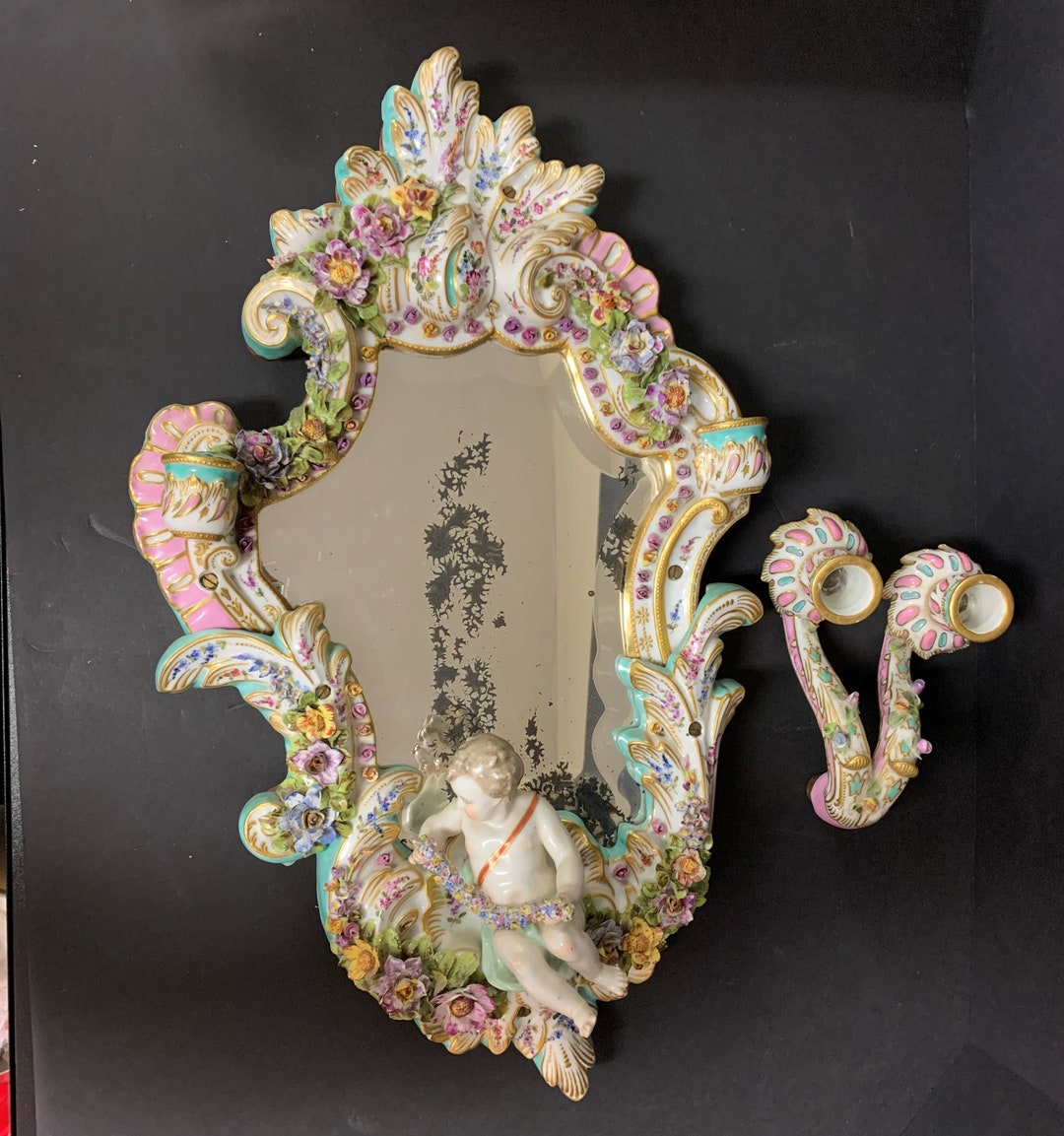 Huge Meissen Porcelain Framed Mirror With Applied Flowers, Cherub, 24 ...