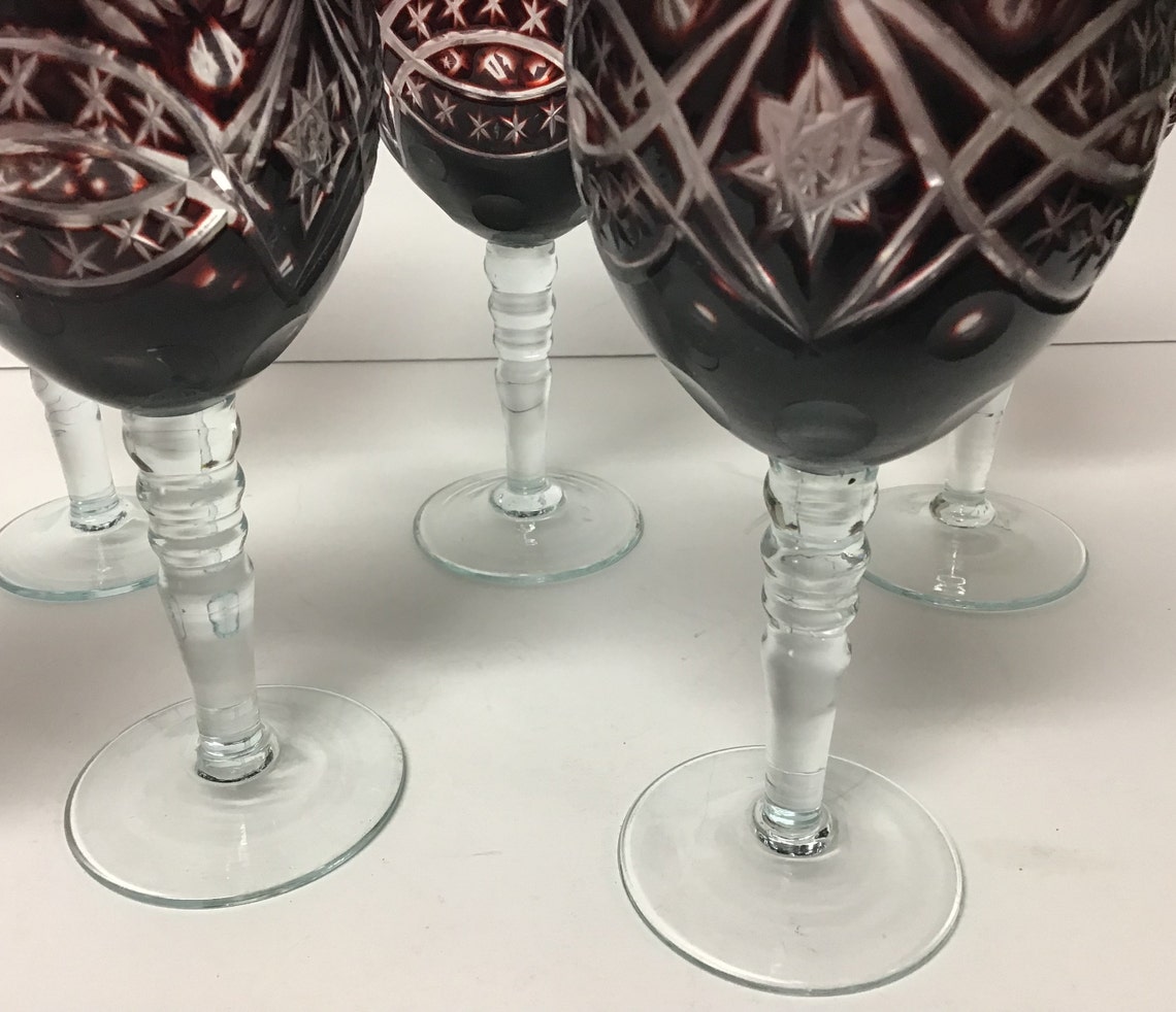Set of Six Ruby Red Cut to Clear Wine Glasses | Etsy
